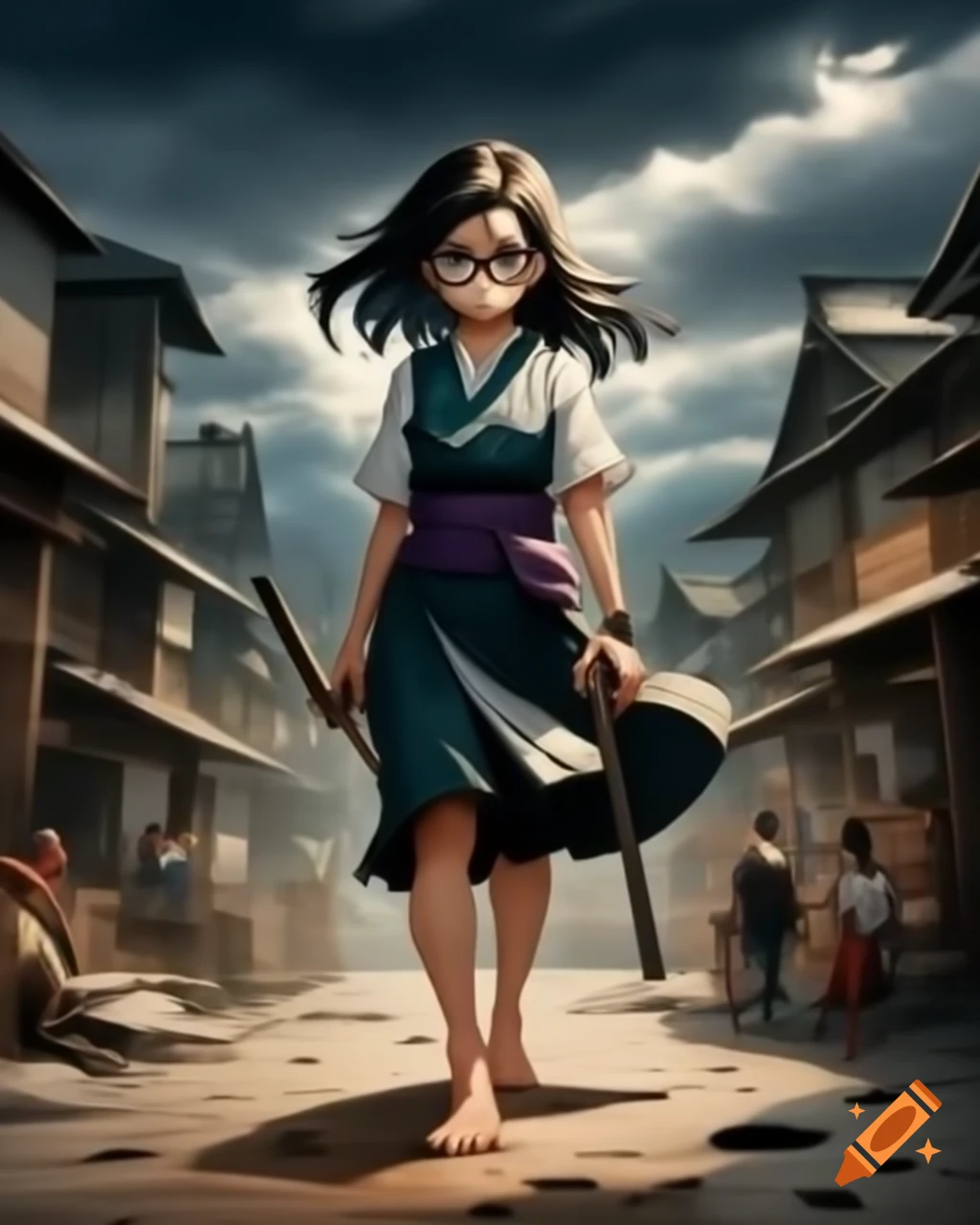Playful barefoot ninja woman in stormy village wearing glasses and ...