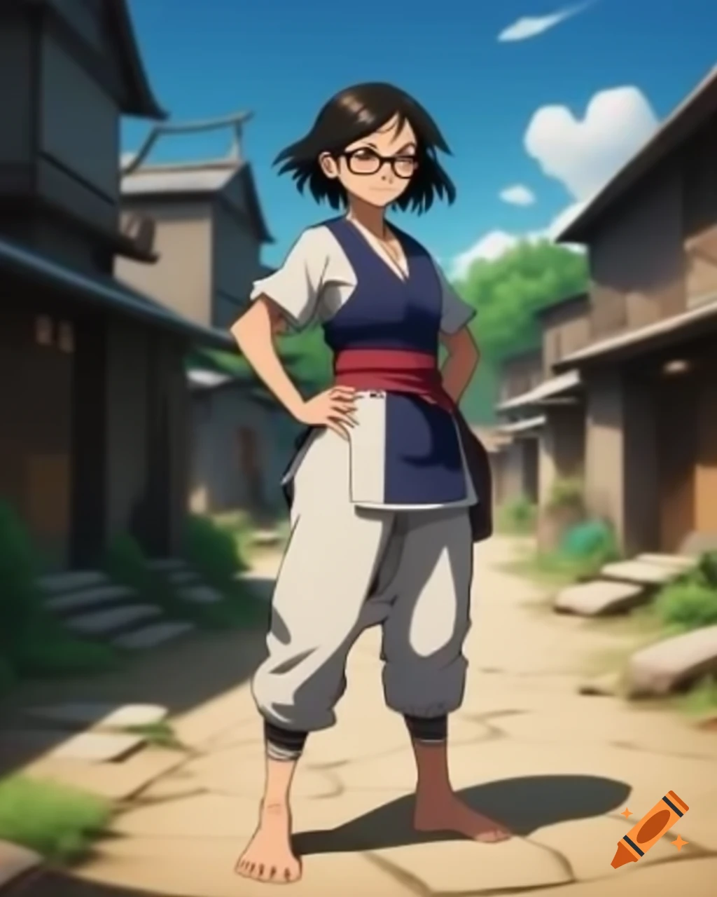 Confident barefoot ninja woman in glasses posing in anime village on ...