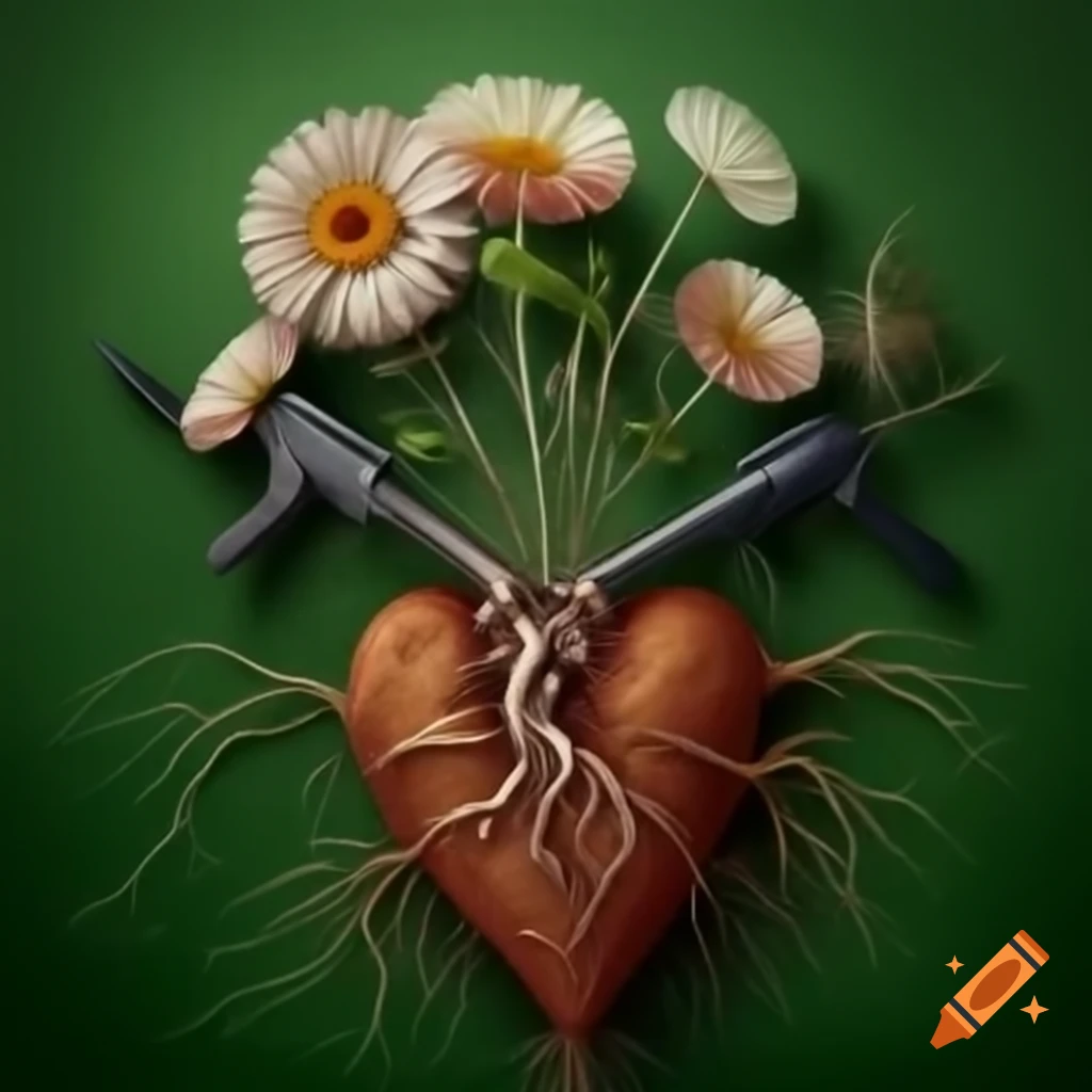 Artistic depiction of flower plant featuring weapons and roots from a ...