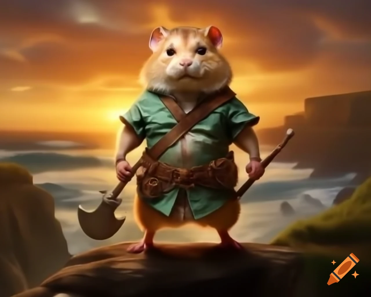 Humanoid hamster warrior on cliff overlooking ocean at sunset on Craiyon