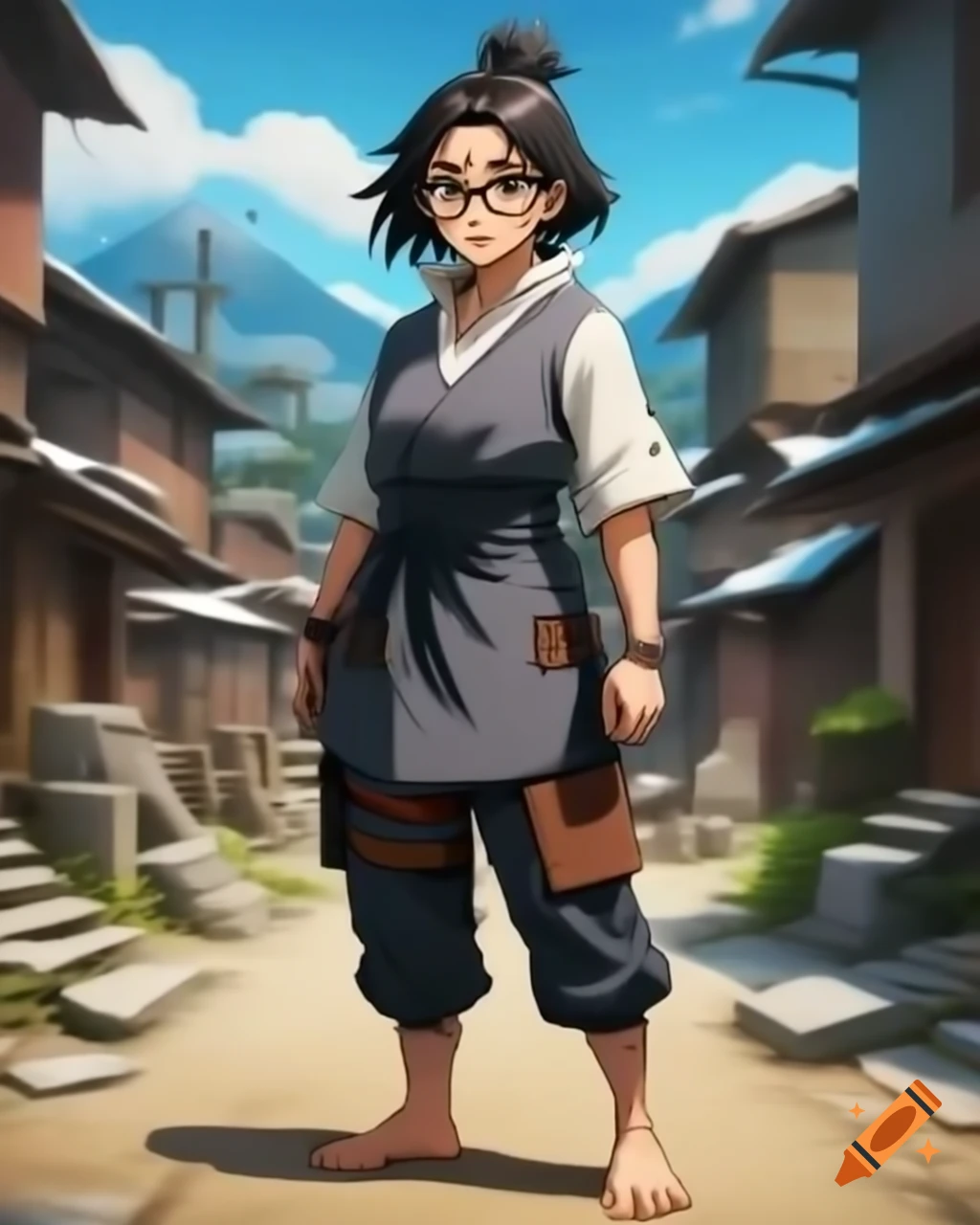 Confident barefoot ninja woman in glasses sneaking in village, anime ...