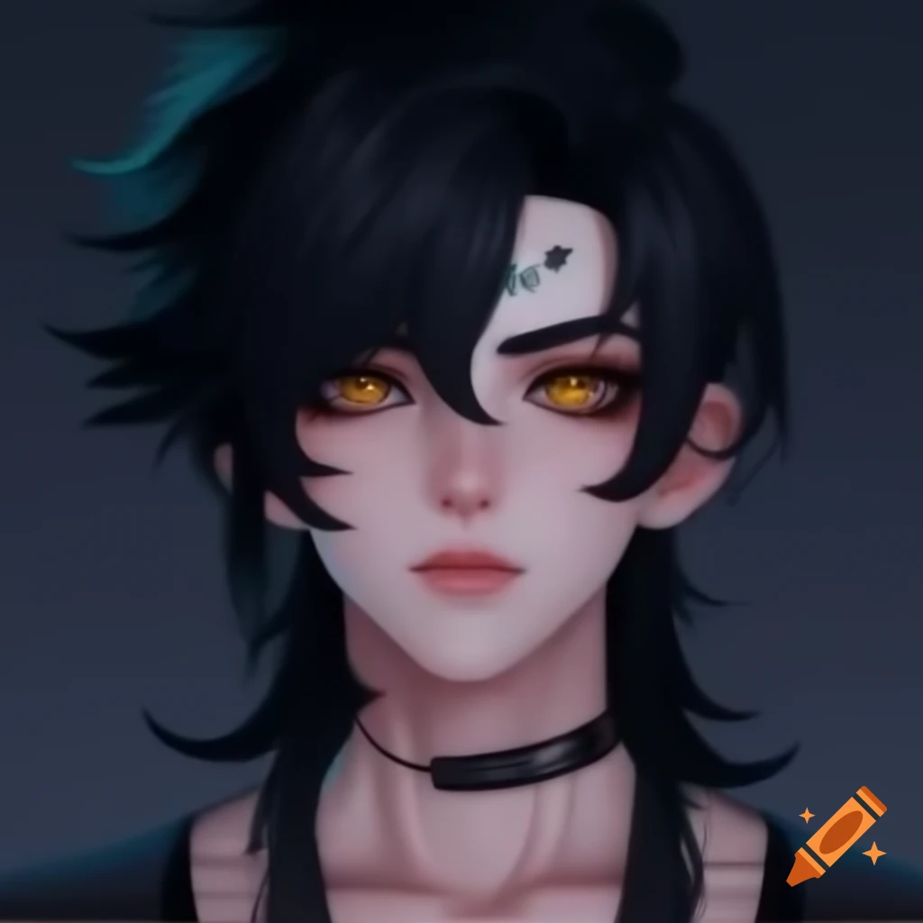 Handsome male 2D vtuber model with dark hair and neon iris eyes on Craiyon