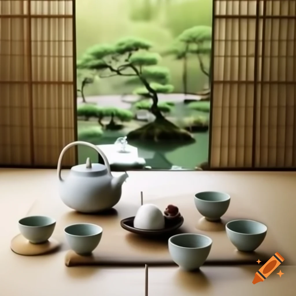 Japanese Zen tea party in minimalist garden with porcelain tea cups and ...