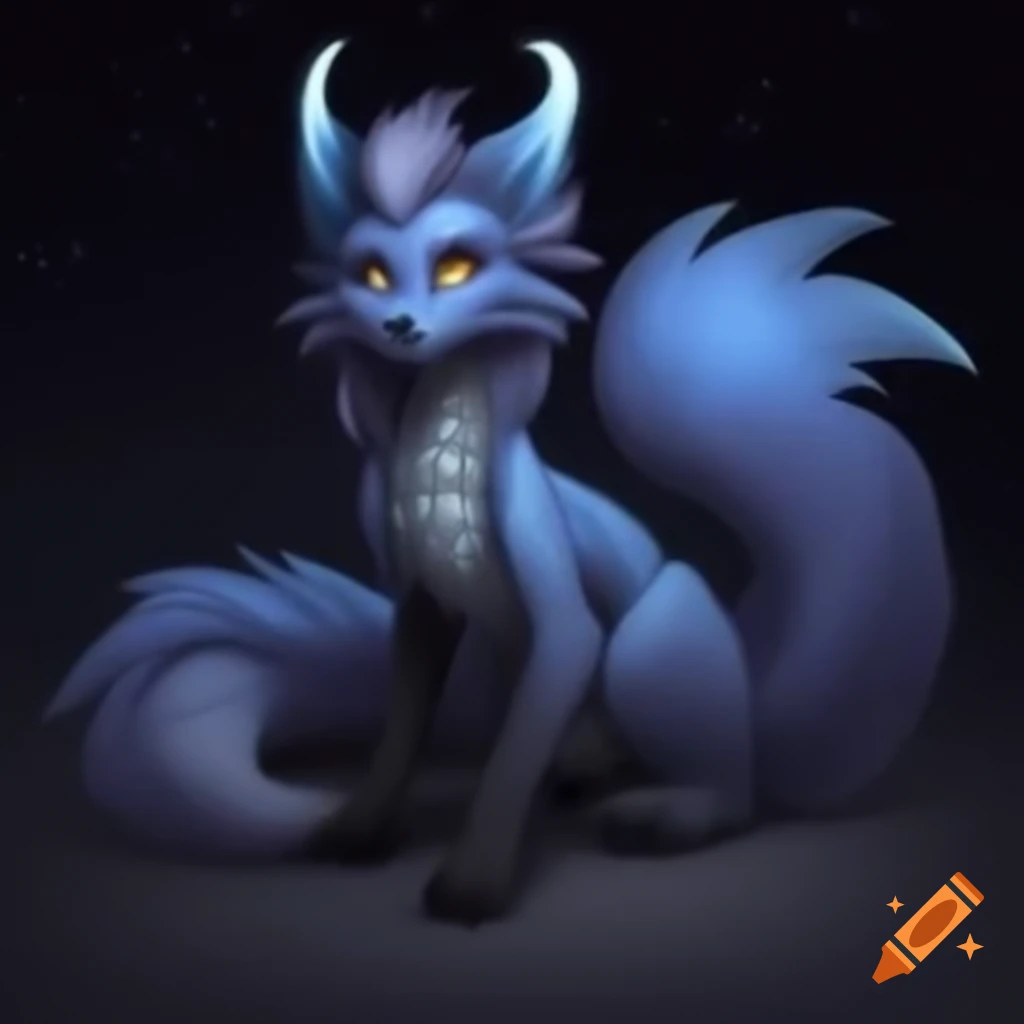 Majestic hybrid fox-dragon creature with lush grey fur on Craiyon