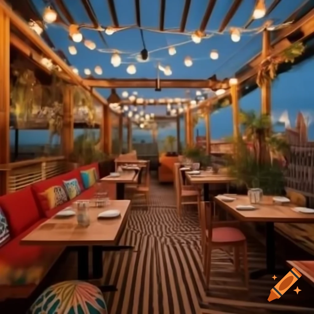 Bohemian-style rooftop restaurant with colorful cushions and string ...