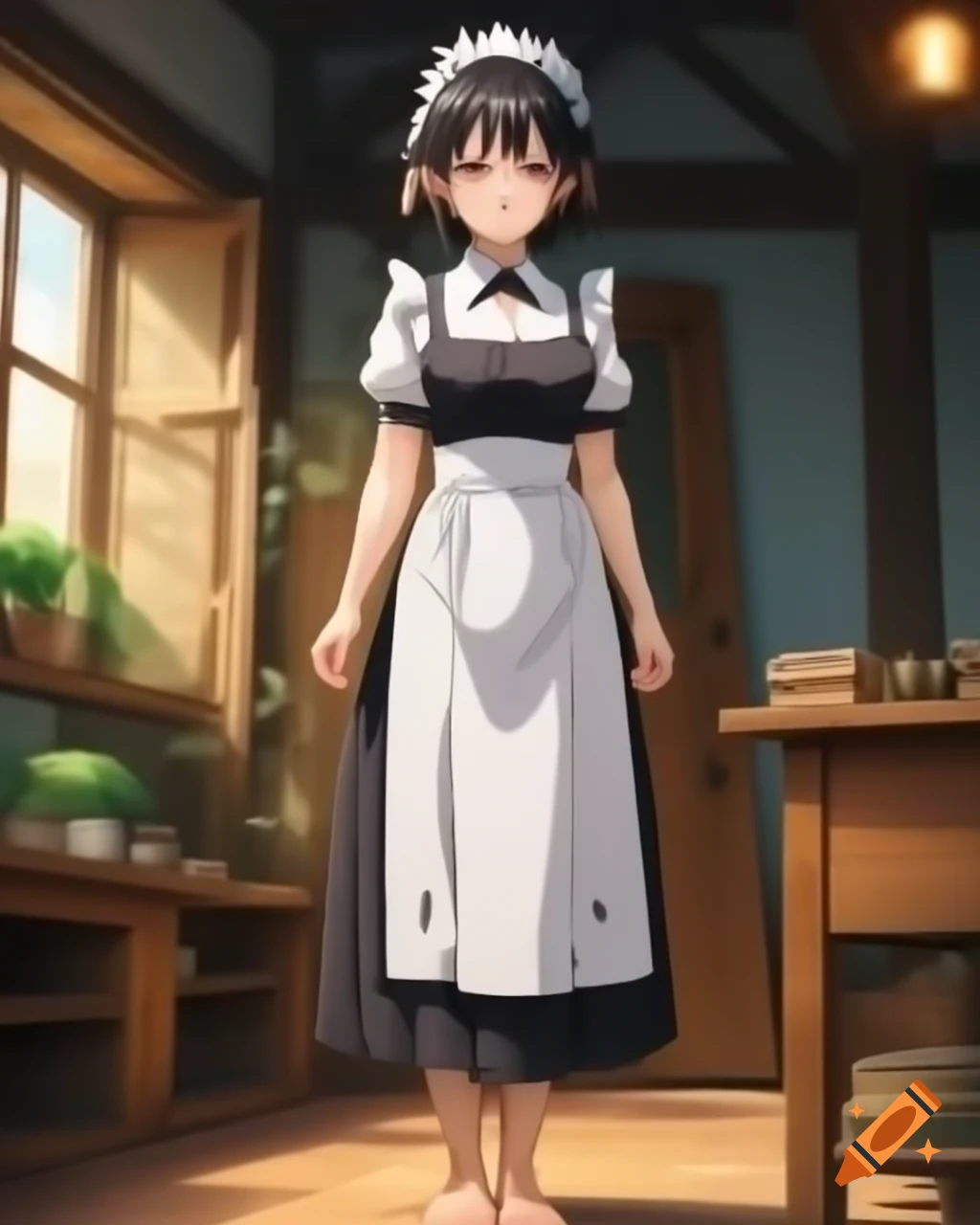 Elegant barefoot ninja maid woman posing in village home, anime style ...