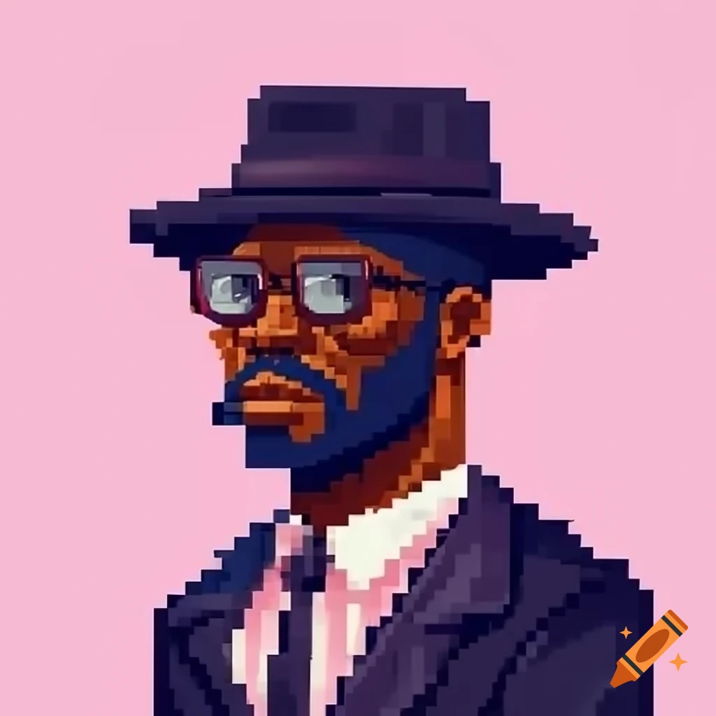 Pixelated black man in suit and fedora with round glasses on Craiyon