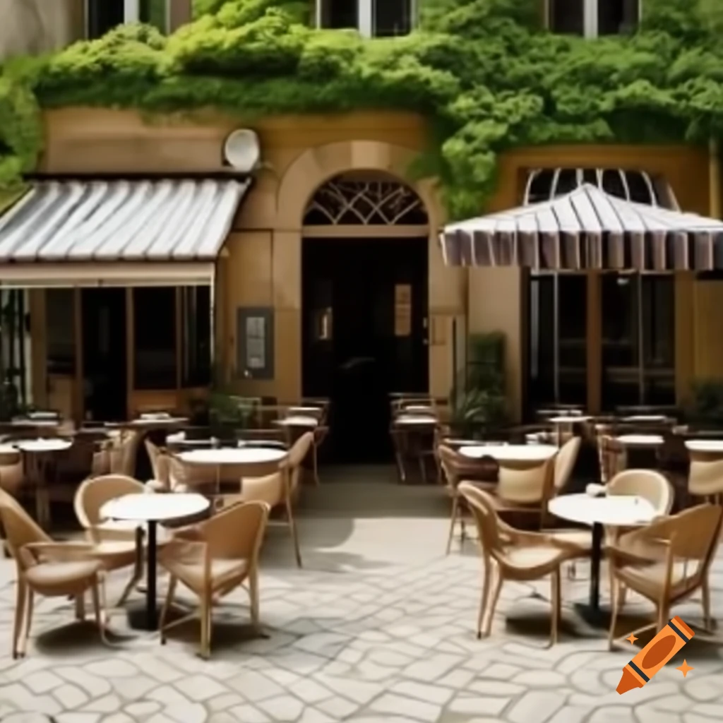 Charming French bistro with outdoor seating in stone-paved courtyard on ...