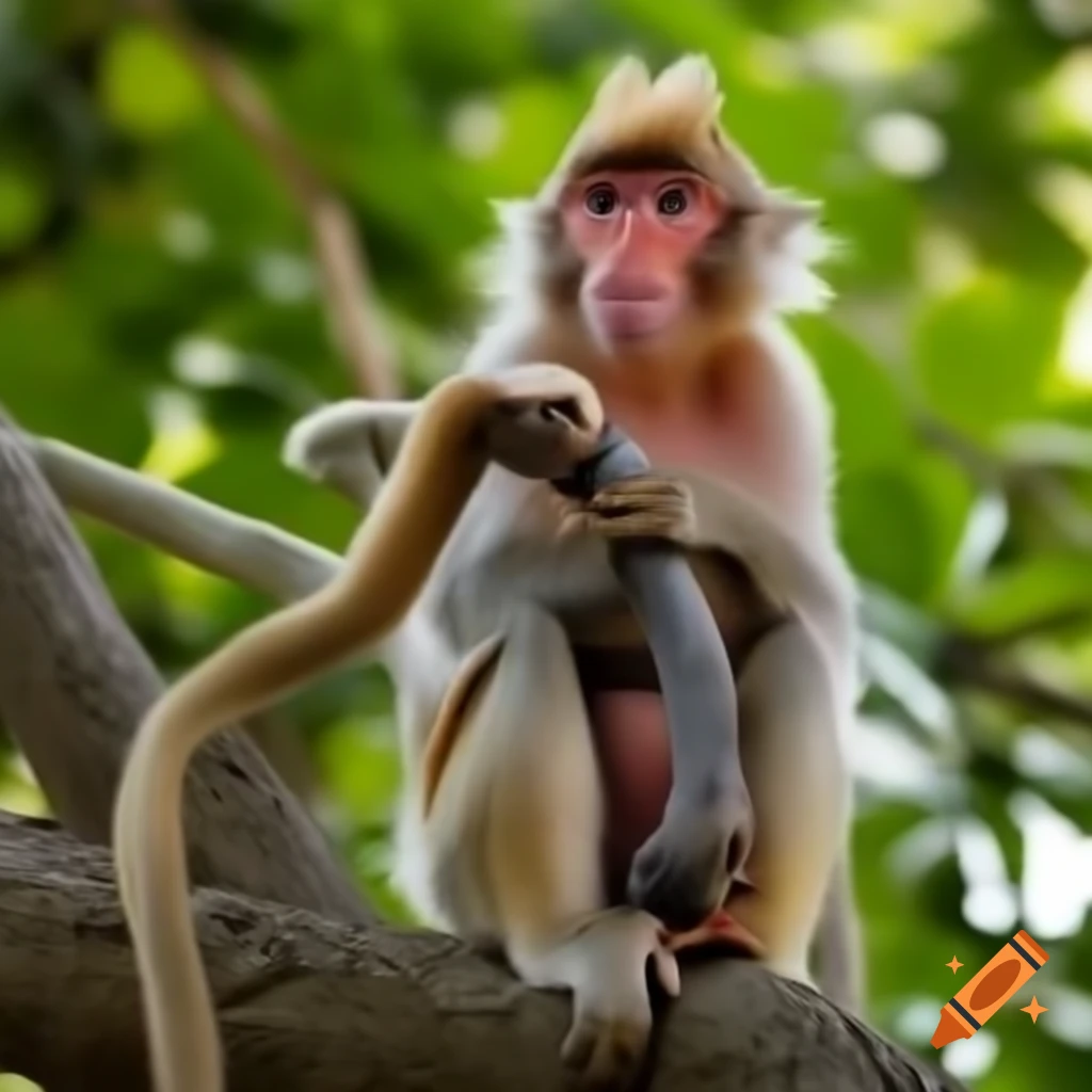 Monkey climbing on another monkey, with a child named Cairo licking a tree on Craiyon