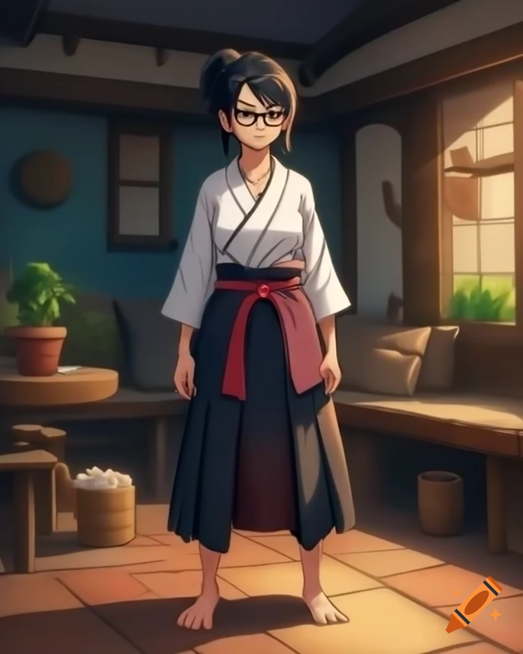 Elegant barefoot ninja woman in glasses posing in village home, anime ...