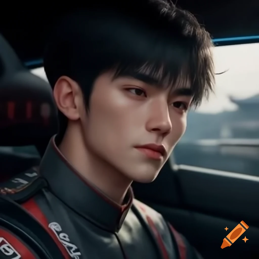 Handsome Chinese man in realistic car racer outfit with slightly sweaty ...