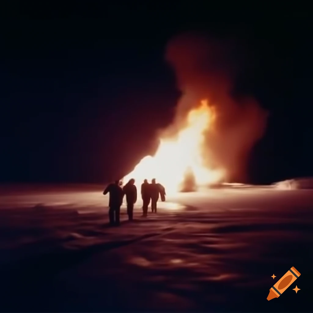 1980s crew at burning outpost in Antarctica at night on Craiyon
