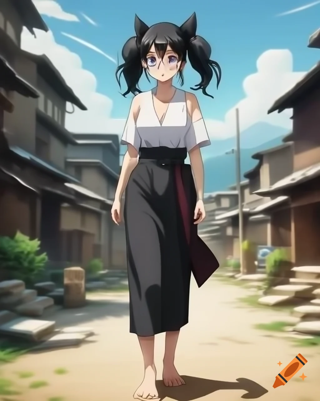 Elegant anime ninja woman with black pigtails and glasses in village ...