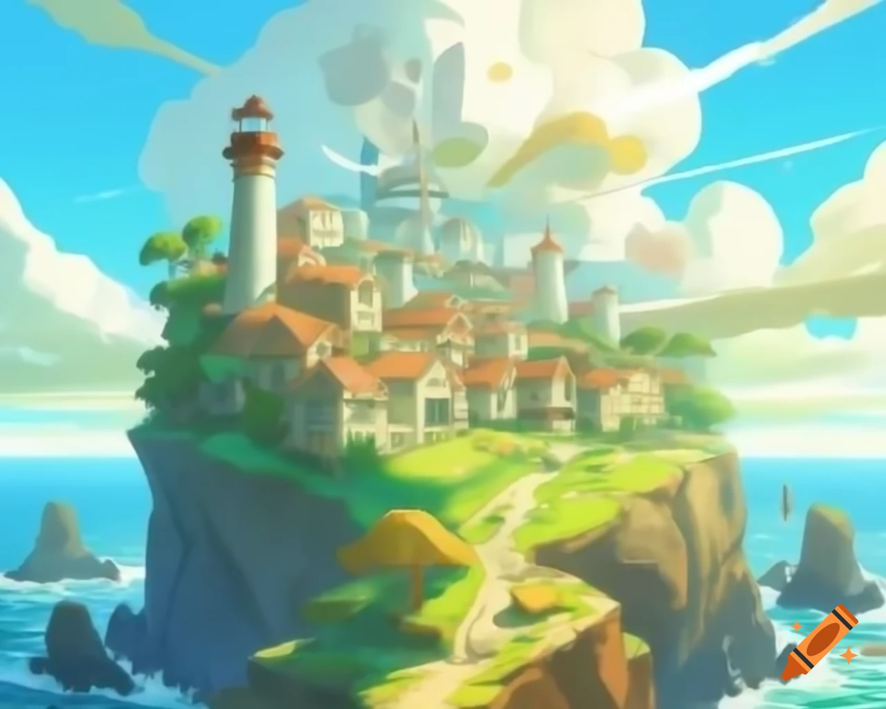 Vibrant oceanside town with observatory and lighthouse in Wind Waker ...