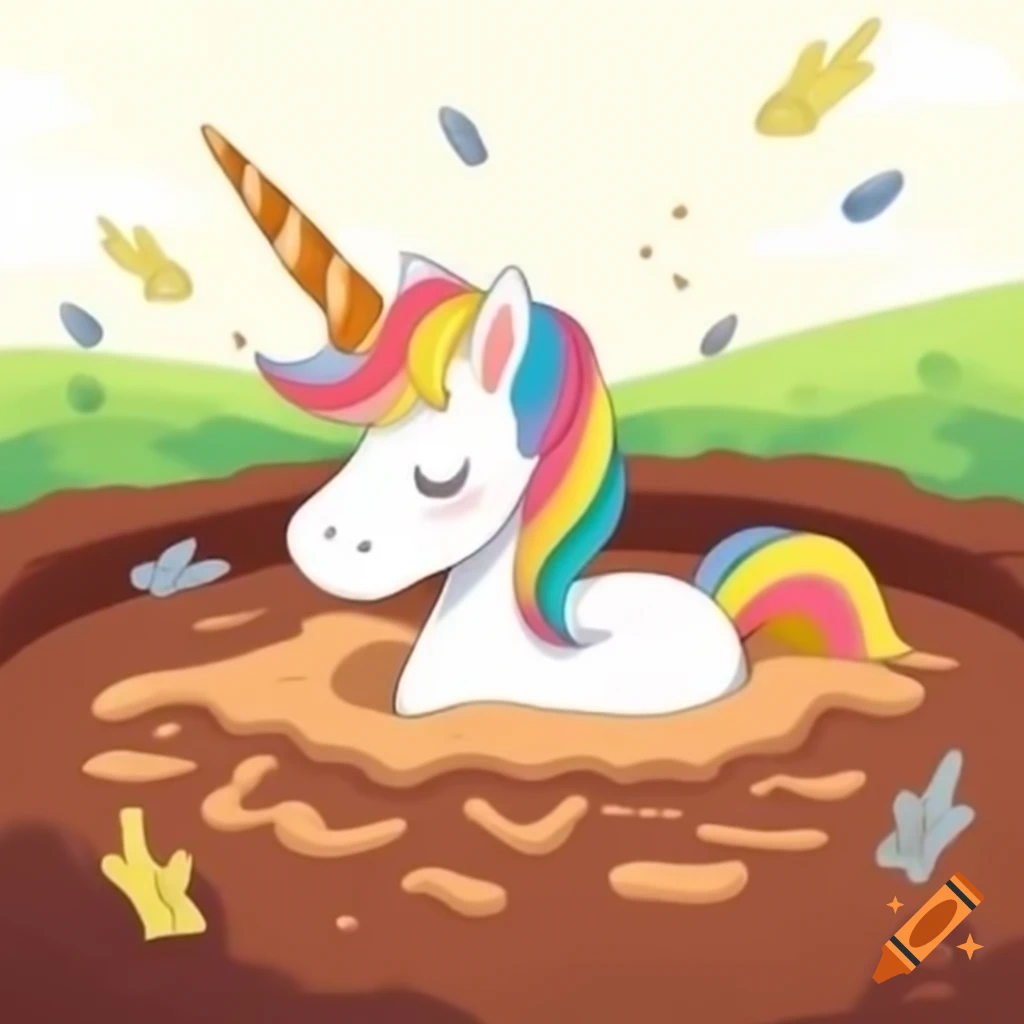 Colorful anime unicorn head blushing in mud pit surrounded by flies on ...