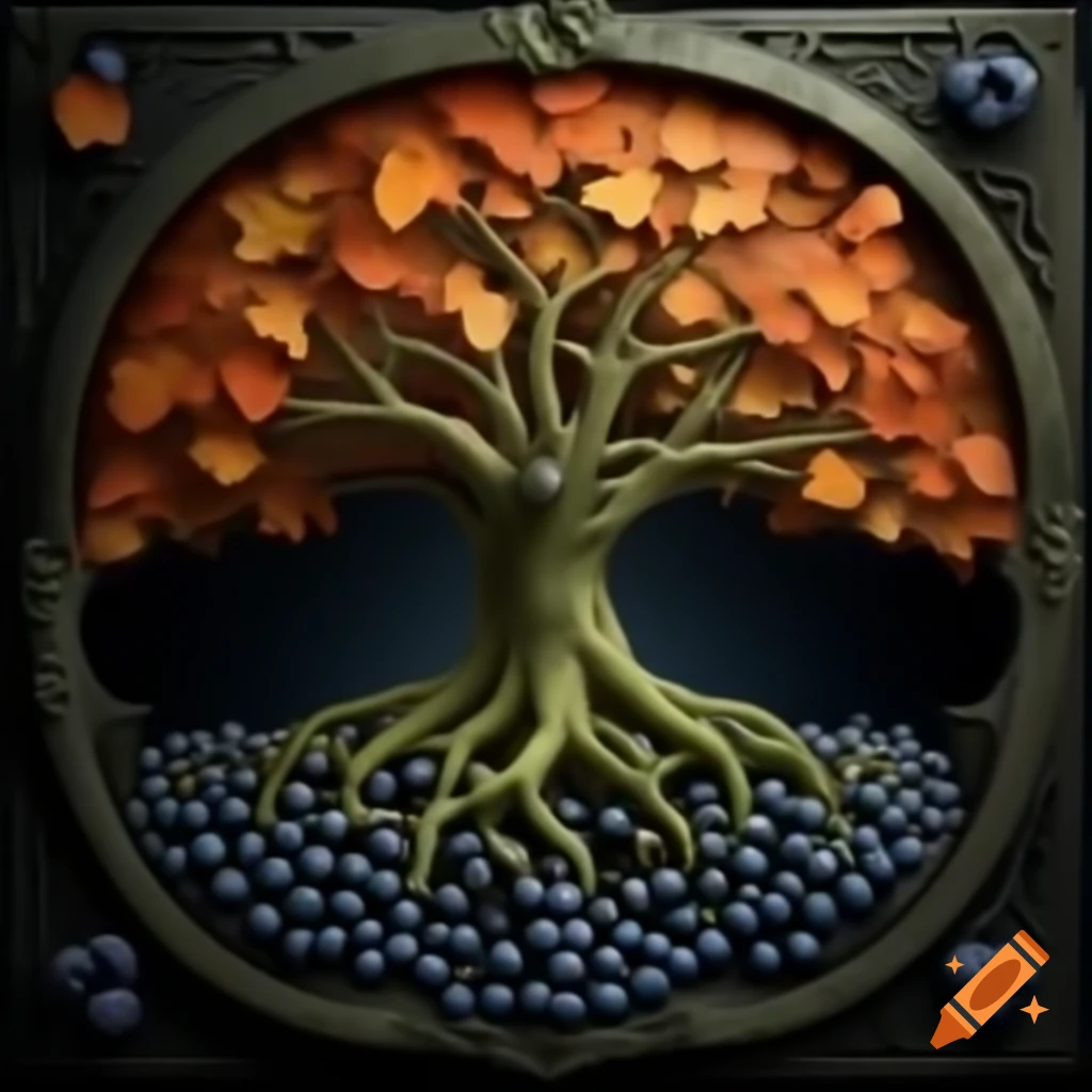 Yggdrasil tree adorned with maple leaves and blueberries in medieval ...