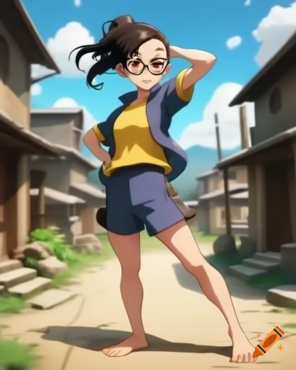Playful barefoot ninja woman in glasses posing in village, anime style ...