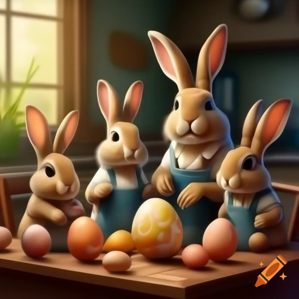 Anthropomorphic rabbits painting eggs in cozy kitchen with warm light ...