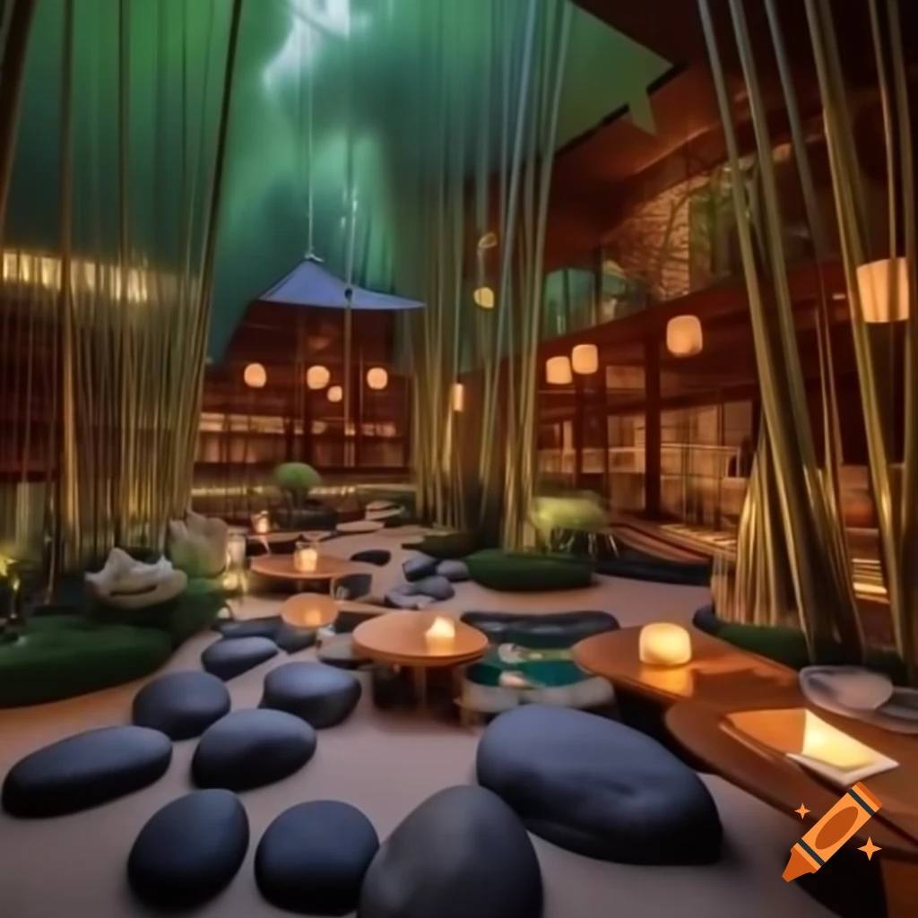 Asian-themed restaurant with outdoor seating in tranquil Zen garden on ...