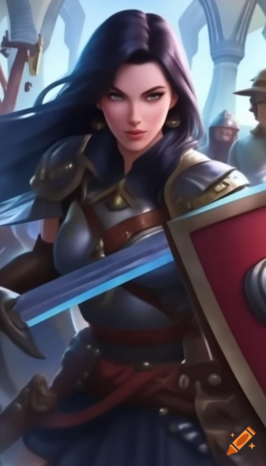 Amazon warrior with sword and shield, fantasy RPG card art on Craiyon