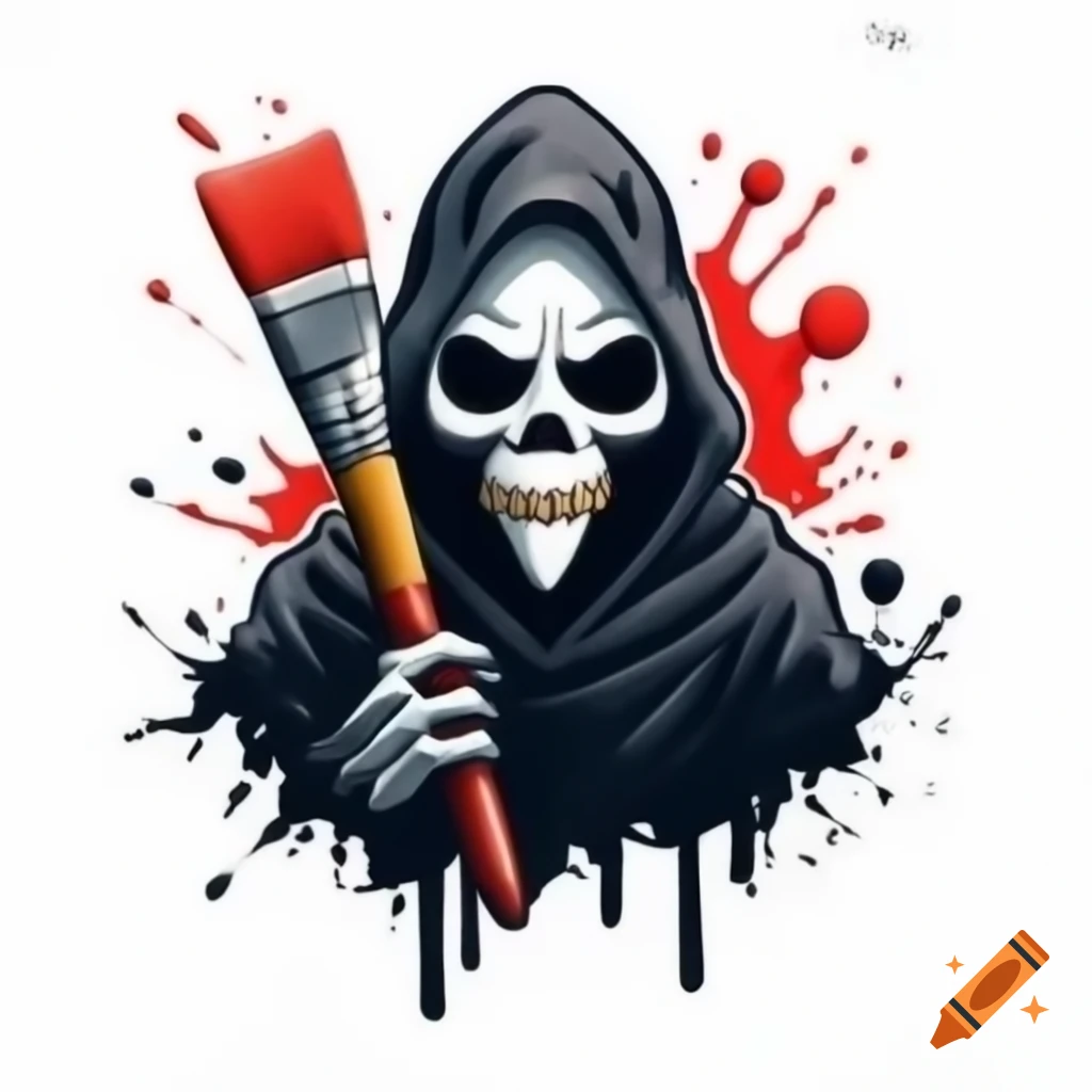 Cartoon logo of Grim Reaper with paintbrush and splashing red paint on ...