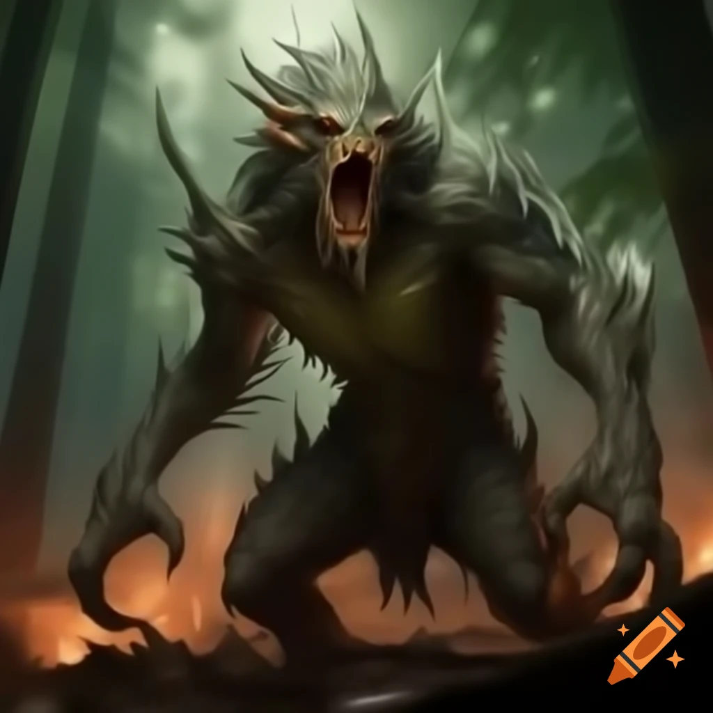 Fantasy beast creature with claws destroying trees in forest on Craiyon