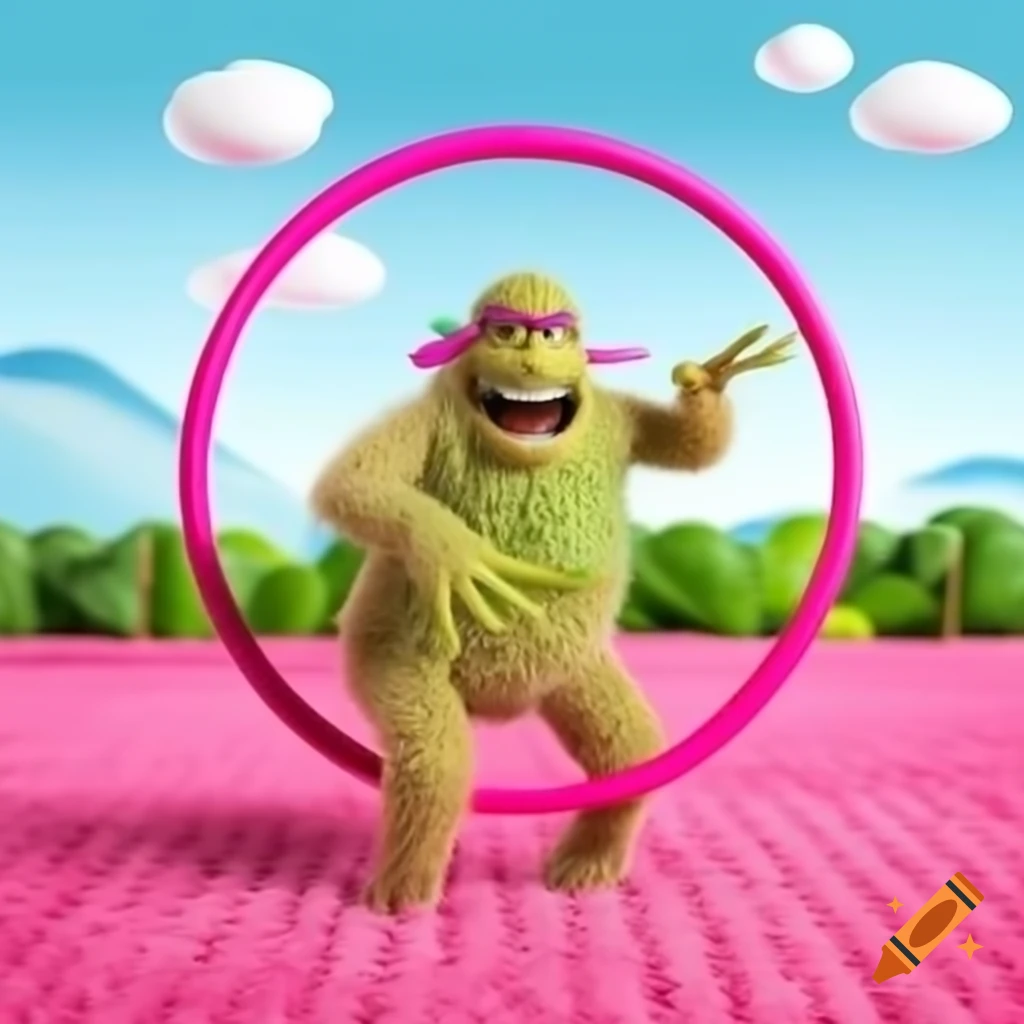 Dancing celery stick with pink hula hoop on pink field in countryside ...
