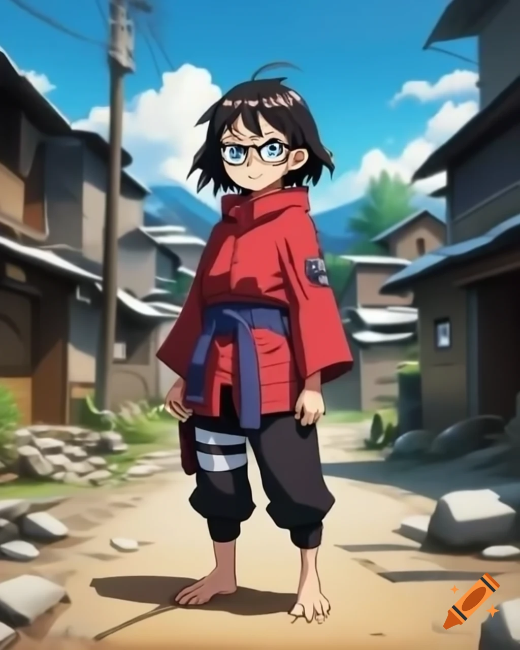 Confident barefoot ninja woman in glasses sneaking in village, anime ...