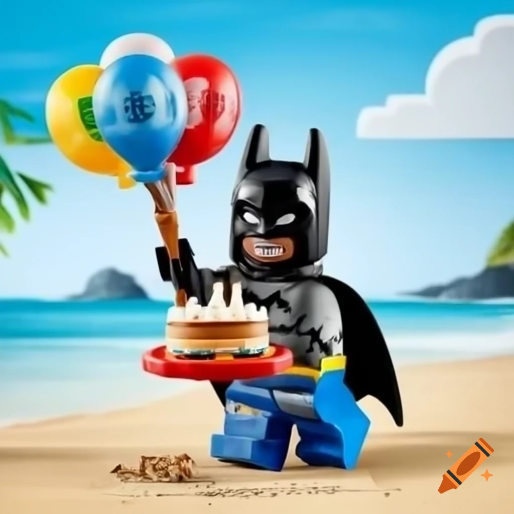 Lego figurine of Batman with birthday cake and balloons at beach on Craiyon