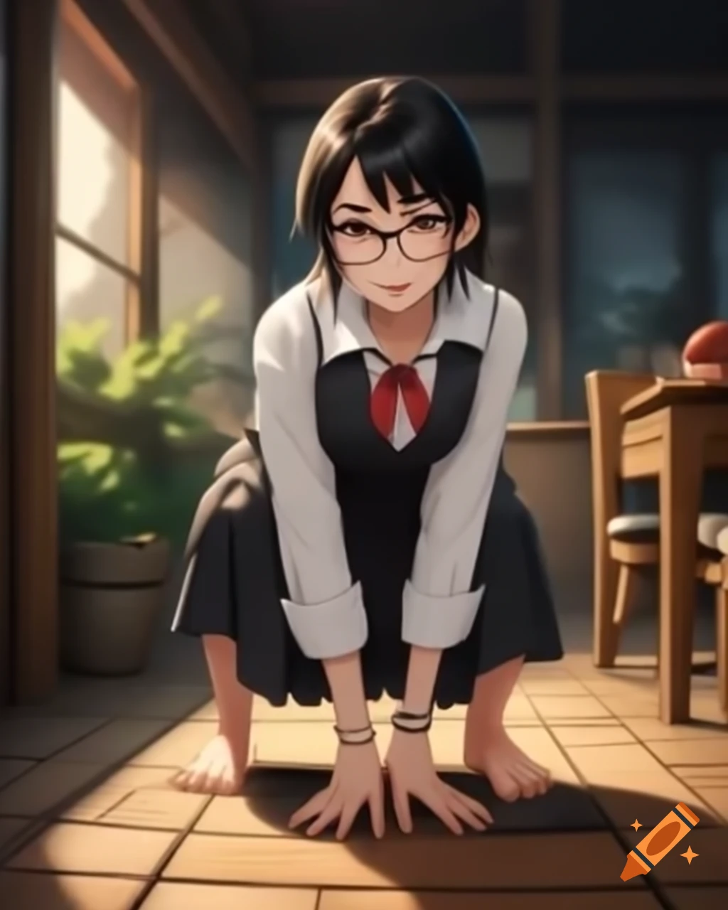 Elegant barefoot ninja woman in glasses and skirt crawling in village ...