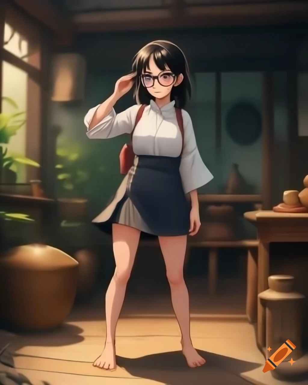 Elegant barefoot ninja woman in glasses posing in village home, anime ...