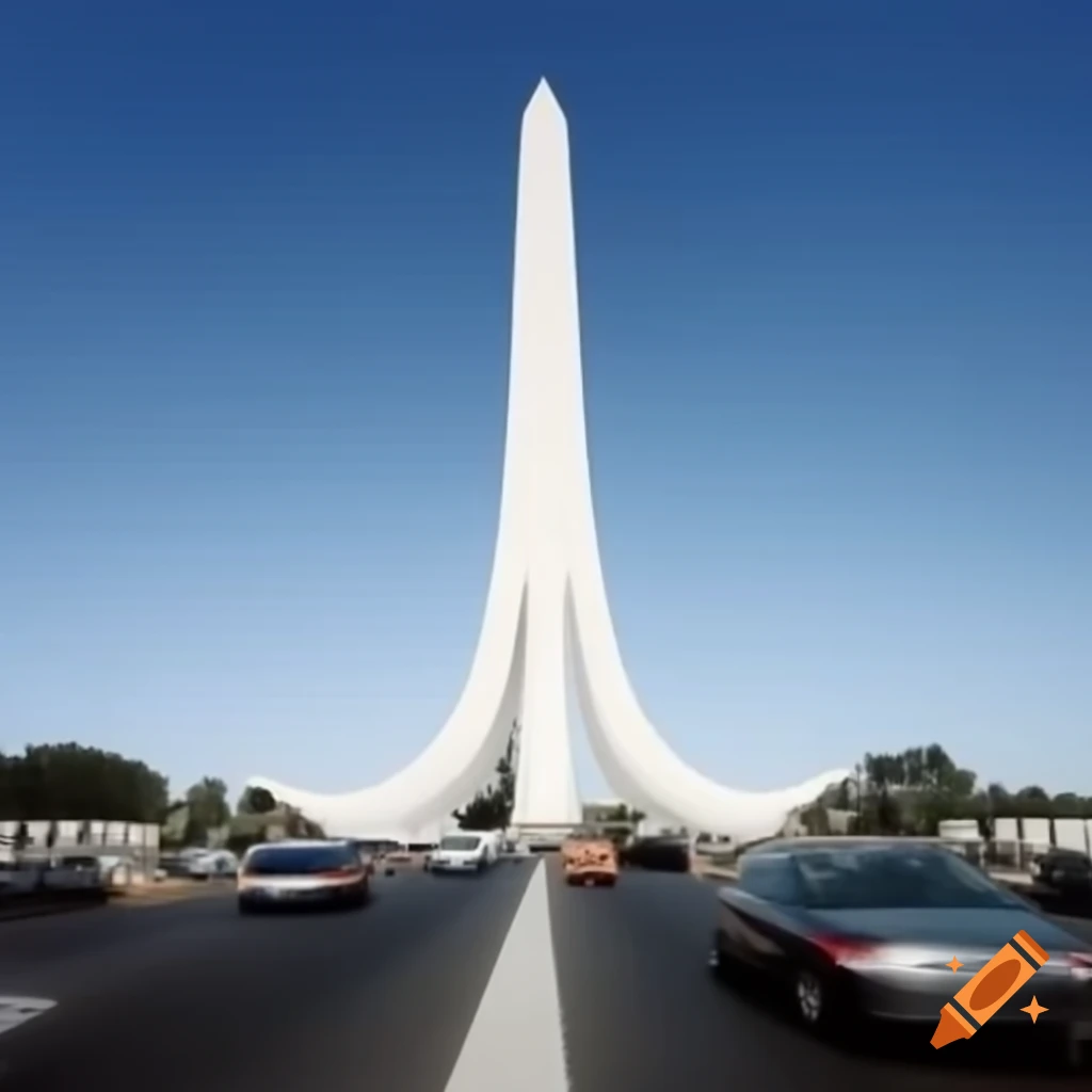 Futuristic monument symbolizing triumph in busy roundabout on Craiyon