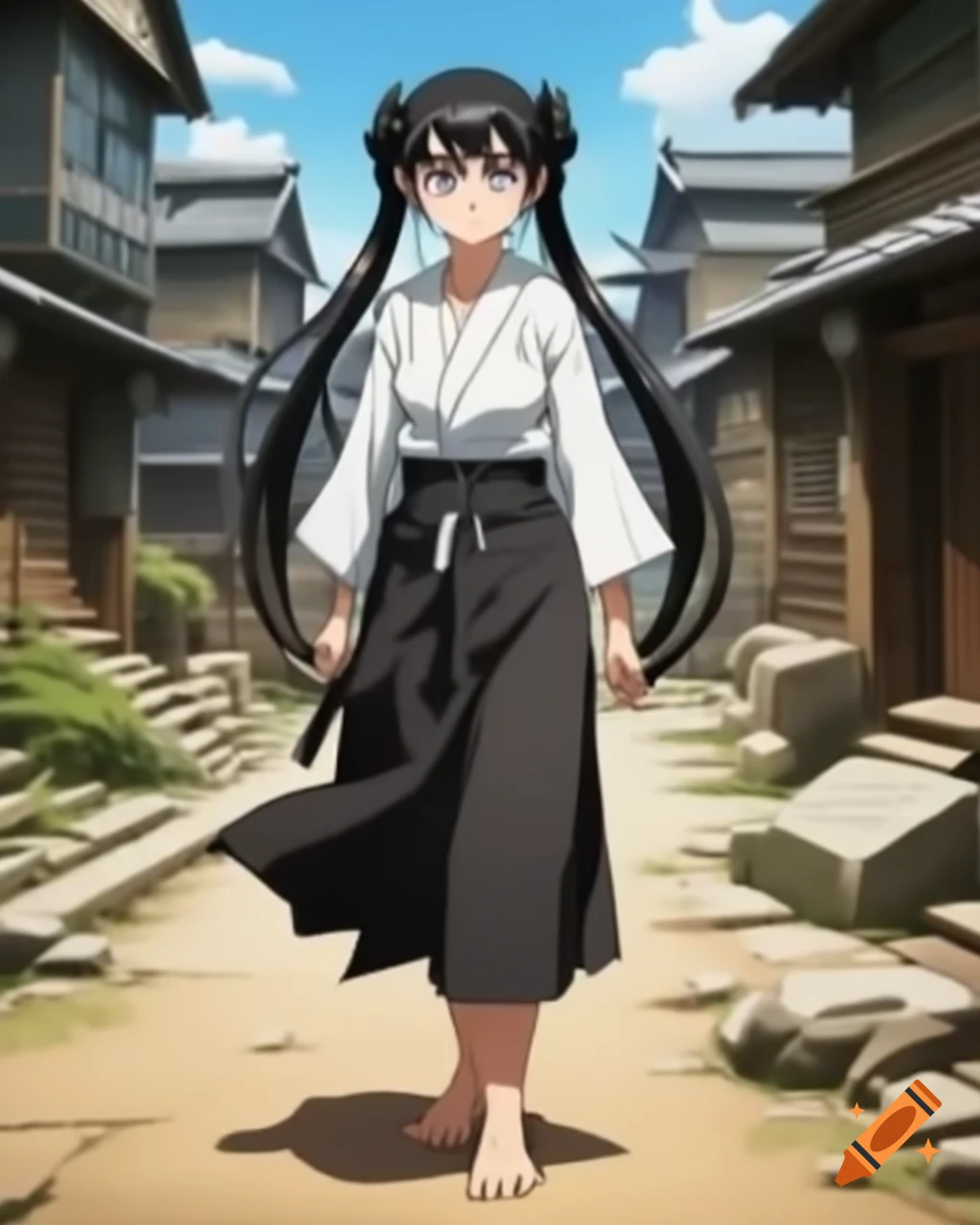 Elegant barefoot ninja woman with black pigtails posing in village ...