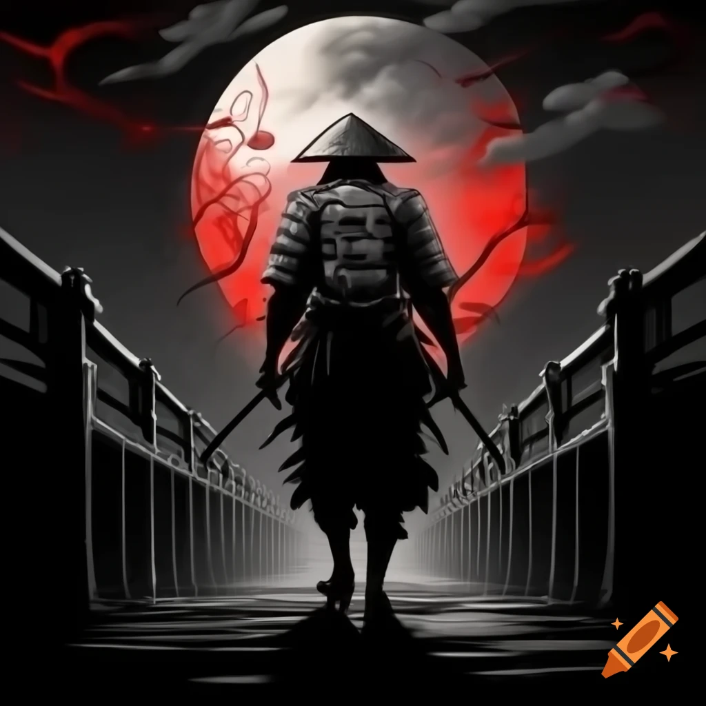 Samurai walking down bridge under blood moon, black and white drawing ...