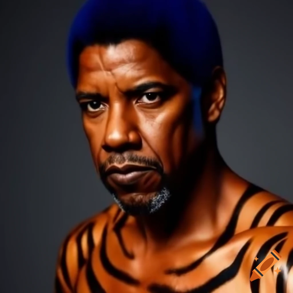 Muscular man with tiger-style makeup and vibrant colors on Craiyon