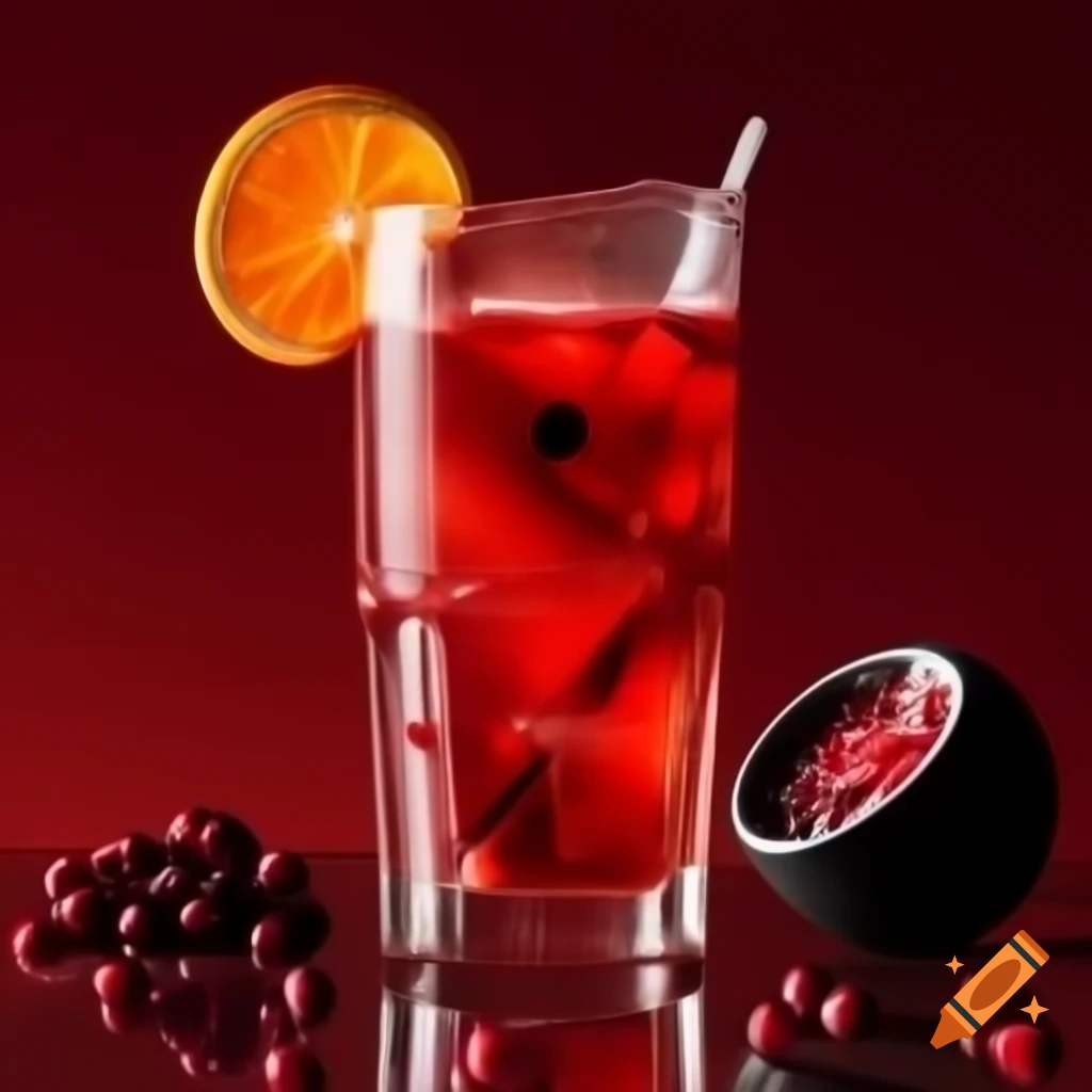 Deep red-orange drink in coupe glass with black sugar rim and ...