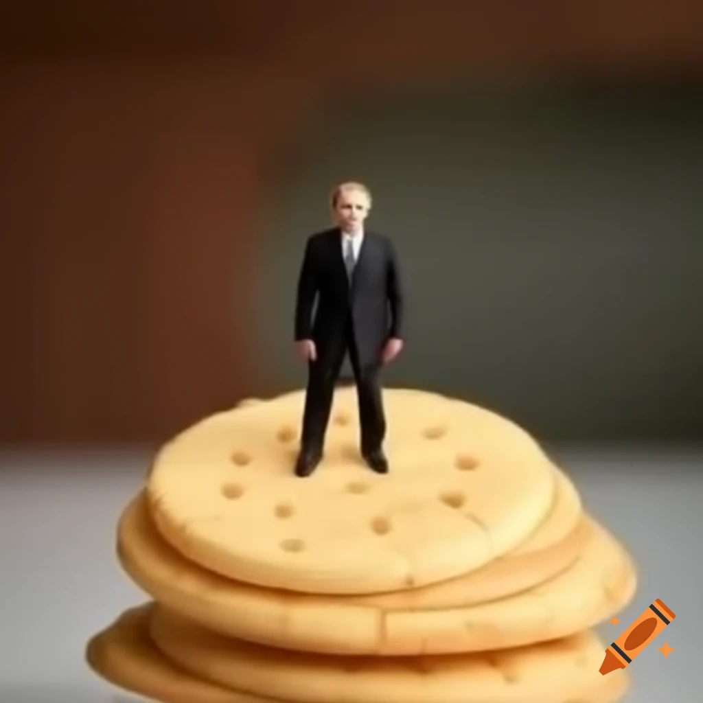 Vladimir Putin standing on a round cracker, satirical illustration on ...