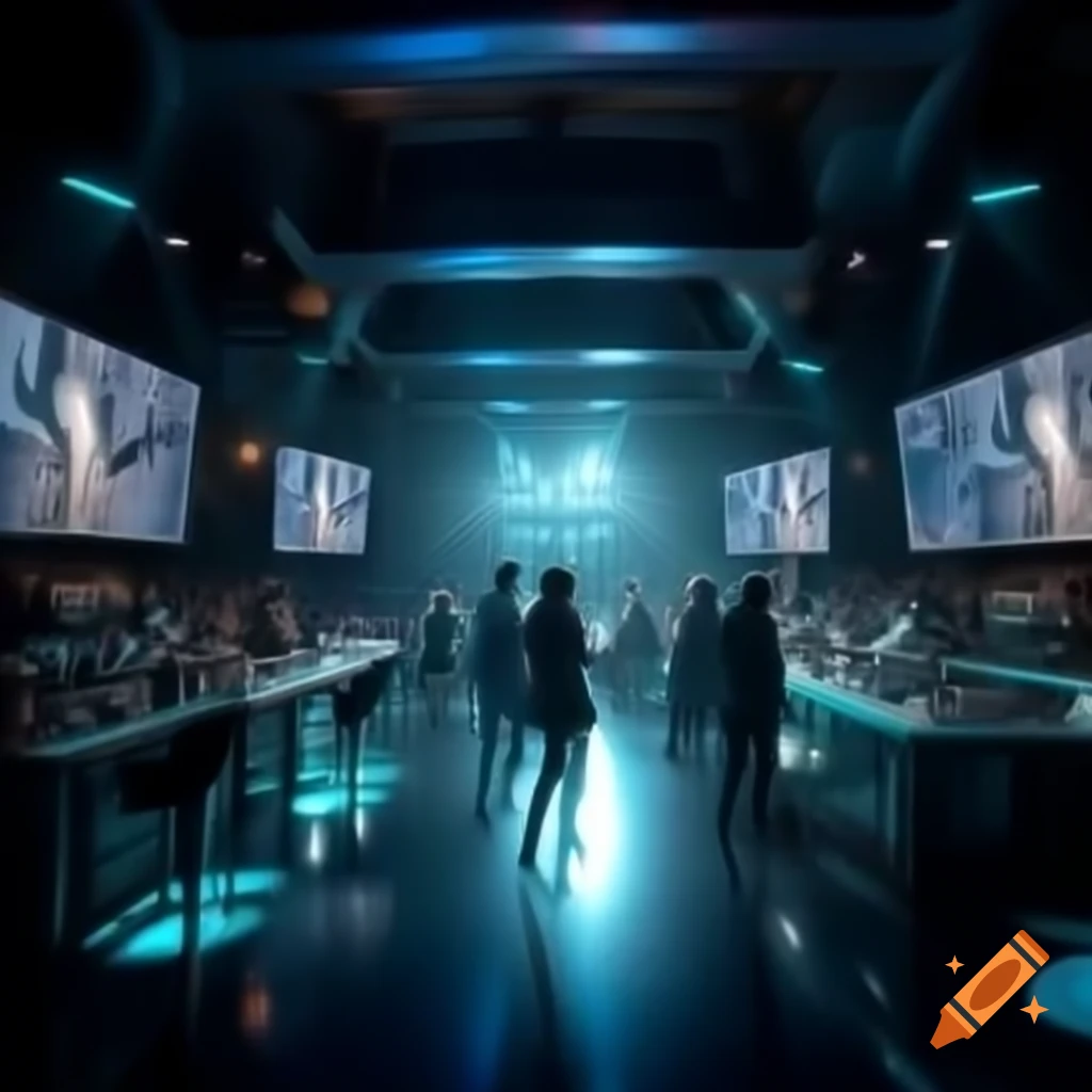 Chic ultra-modern club with LED screens and glowing bar counters ...