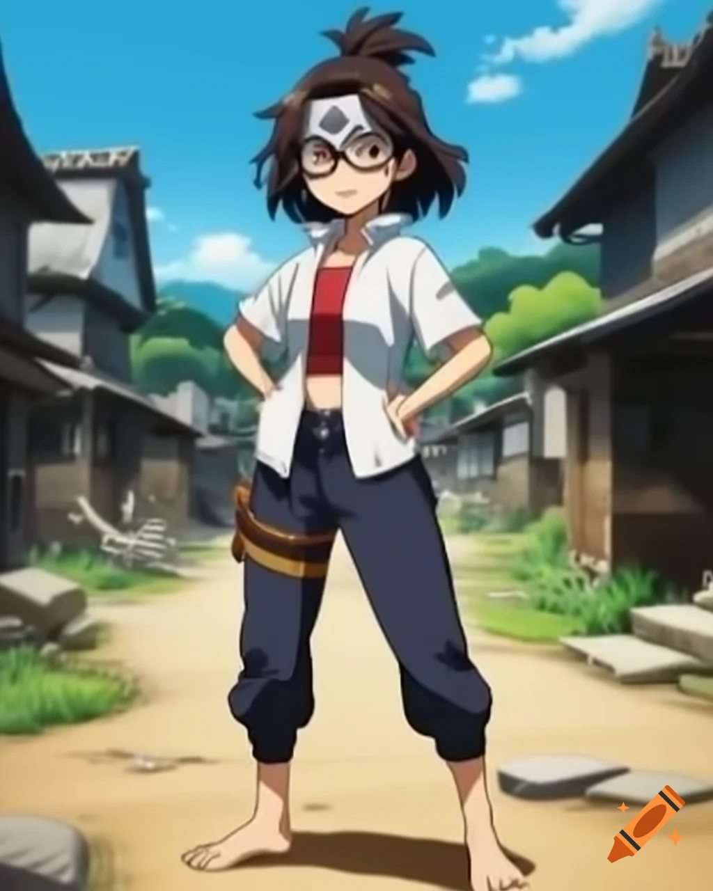 Confident barefoot ninja woman in glasses posing in anime village on ...