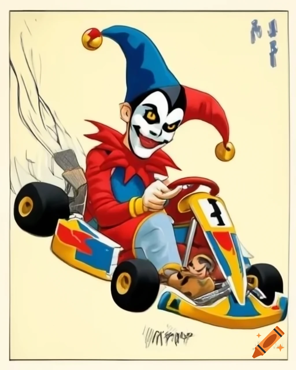 90s comic book illustration of a jester driving a kart on Craiyon