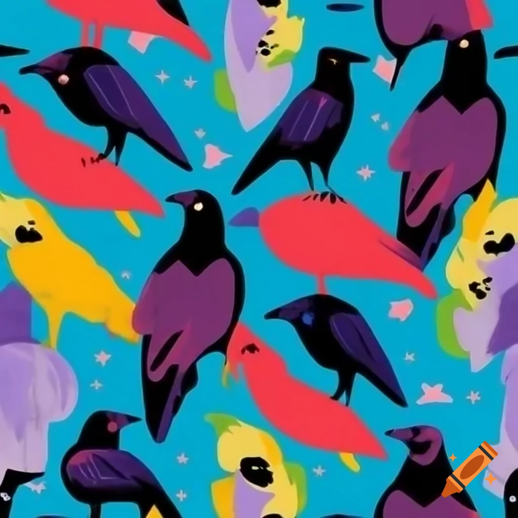 Pop art featuring ravens and crows in silk screen style on Craiyon