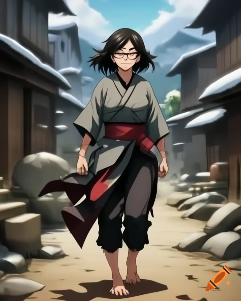 Confident barefoot ninja woman in glasses sneaking through village ...