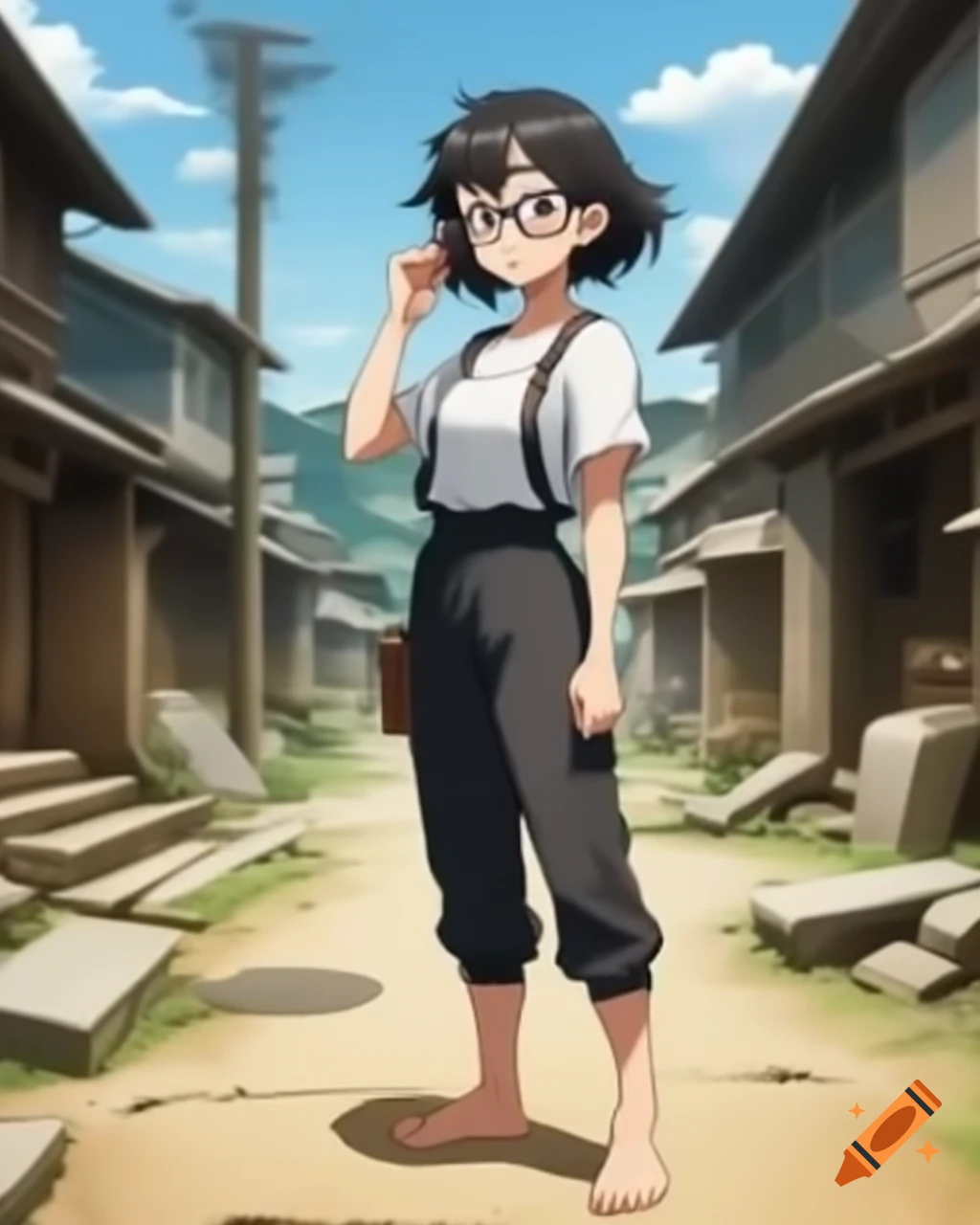 Playful barefoot ninja woman in glasses posing in village, anime style ...