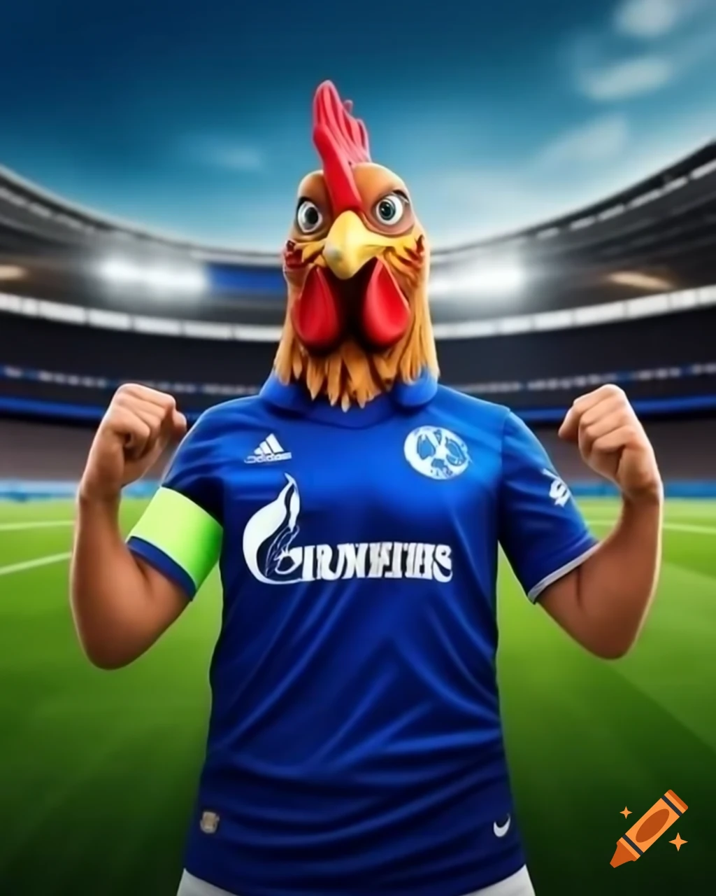 Chicken wearing Schalke jersey flexing muscles at football stadium on ...
