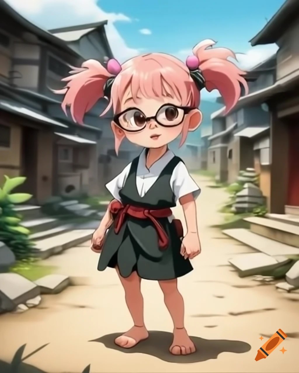 Anime ninja woman with pigtails and glasses posing in village on Craiyon