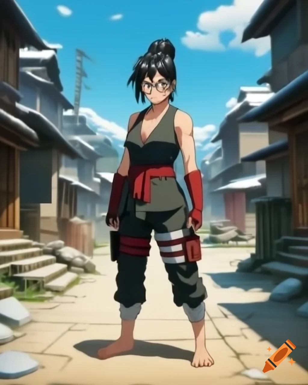 Confident barefoot ninja woman in glasses sneaking through village ...