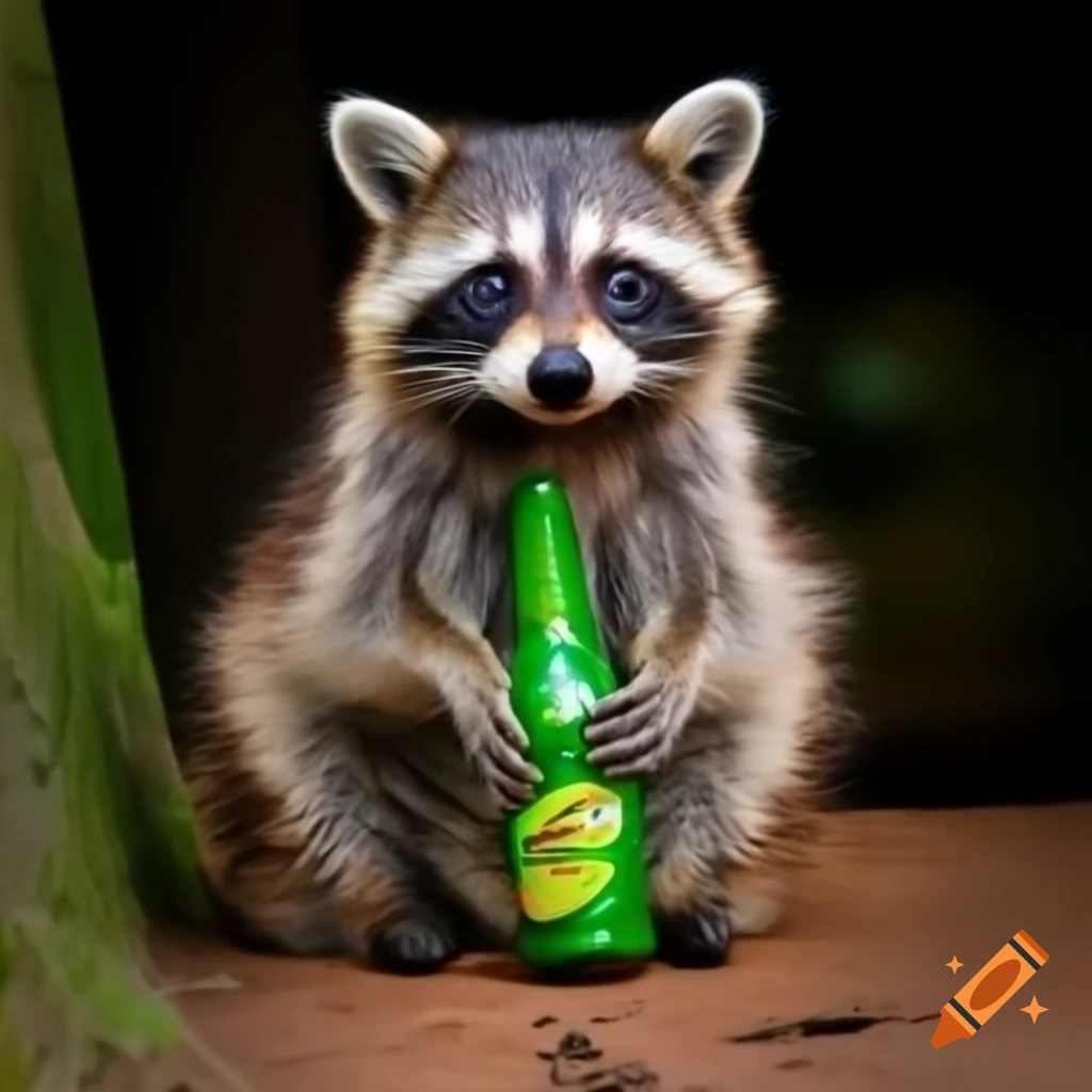 Raccoon sitting on the ground holding a beer bottle on Craiyon