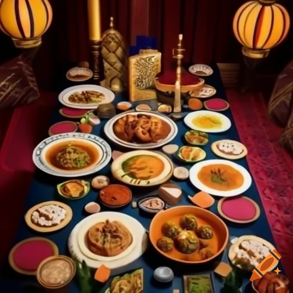Lavish Middle Eastern banquet with mezze dishes and patterned fabrics ...