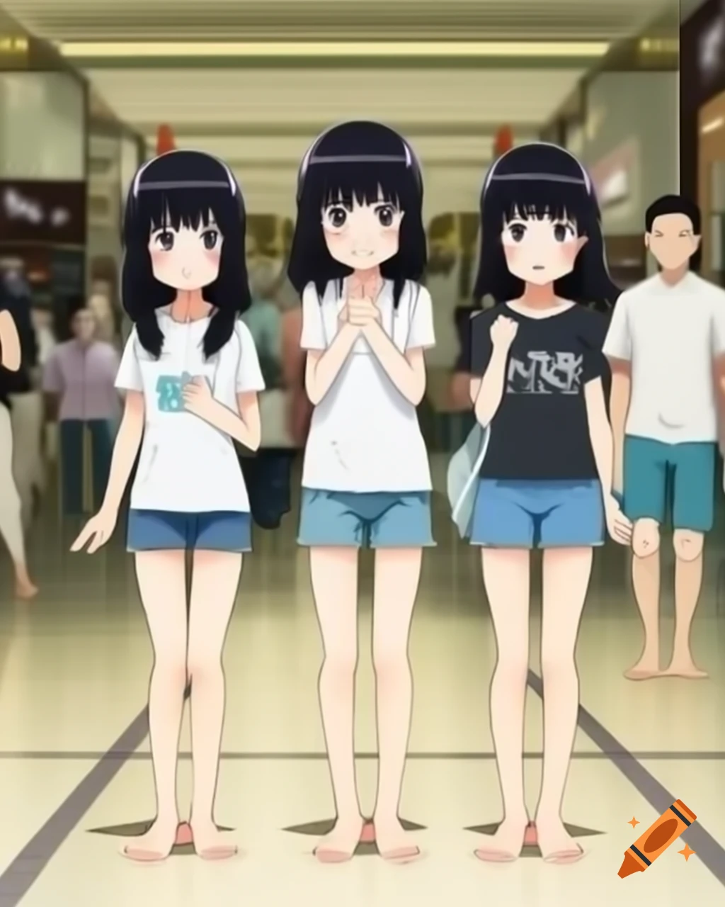 Anime scene of three embarrassed women walking barefoot in a mall on ...