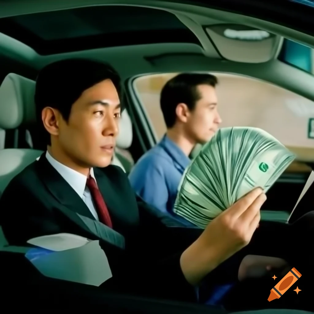 Man driving Ferrari surrounded by stacks of cash in luxury area on Craiyon